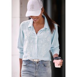 Lascana Damen Langarmbluseblau, creme gestreift, Gr. 46, bestickt, gestreift, Web, Obermaterial: 55% Baumwolle, 35% Viskose, 10% Leinen, Blusen, mit