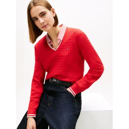 Tommy Hilfiger Damen V-Ausschnitt-Pullover "CO CABLE V-NK LS SWT"primary rot, calico tipping, Gr. XL, unifarben, Strick, Obermaterial: 100%
