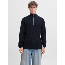 Jack & Jones JACK & JONES Herren Troyer "JJKAITO KNIT HALF ZIP BF", blau, Gr. M, unifarben, Strick, Obermaterial: 70% Polyacryl, 30% Baumwolle, Pullover