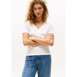 T-Shirt Tommy Hilfiger "CODY V-NECK SHORT SLEEVE", Damen, Gr. XXL (44), wei&szlig; (nos ecru), Jersey, Obermaterial: 100% Baumwolle, unifarben, slim fit h&uuml;ftlang, tiefer V-Ausschnitt, abgesteppte Kante, Shirts T-Shirt, mit V-Ausschnitt, Baumwolle, Slim Fit