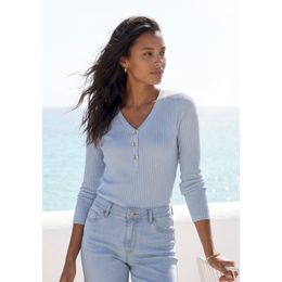 Langarmshirt Lascana "mit kurzer Knopfleiste", Damen, Gr. 40/42, blau (hellblau), Rippware, Obermaterial: 95% Viskose, 5% Elasthan, unifarben, bequem normal, V-Ausschnitt, Shirts Langarmshirt, aus weicher Viskose-Ripp-Qualit&auml;t