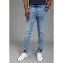 Jogg Pants DELMAO, Herren, Gr. 31, L&auml;nge 32, blau (light blau used), Denim/Jeans, Obermaterial: 65% Baumwolle, 33% Polyester, 2% Elasthan, unifarben, comfort fit lang, Jeans, gerade geschnittenes Bein, mit Gummizug am Bund und Beinabschluss