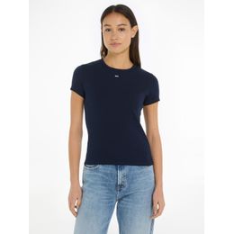 Tommy Jeans Damen Kurzarmshirt "TJW ESSENTIAL RIB SHORT SLEEVE EXT", blau, Gr. XL, unifarben, Single Jersey, Obermaterial: 95% Baumwolle, 5%