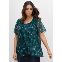 Longshirt sheego "T-Shirt", Damen, Gr. 48/50, gr&uuml;n (tiefgr&uuml;n, bedruckt), 100% Polyester, gebl&uuml;mt, gemustert, mehrfarbig, Rundhals, Shirts Longshirt