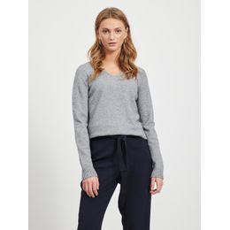 V-Ausschnitt-Pullover Vila "VIRIL V-NECK L/S KNIT TOP - NOOS", Damen, Gr. L (40), grau (medium grau melange), Feinstrick, Obermaterial: 50% Viskose, 27% Nylon, 23% Polyester, meliert, unifarben, regular fit normal, V-Ausschnitt, Pullover, Materialmix, regular fit