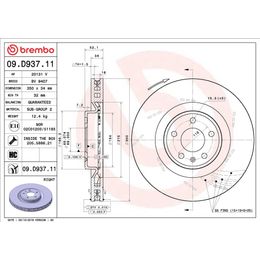 Brembo Bremsscheibe 09.D937.11 vorne rechts Geschlitzt 350mm f&uuml;r PORSCHE 95B615302R 95B615302H 95B615302F