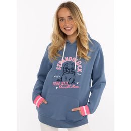 Hoodie Zwillingsherz "Seerobbe", Damen, Gr. S/M, jeans, Sweatware, Obermaterial: 50% Baumwolle, 50% Polyester, Sweatshirts Hoodie, Strandgl&uuml;ck Schriftzug, niedliche Robbe. gestreifte B&uuml;ndchen