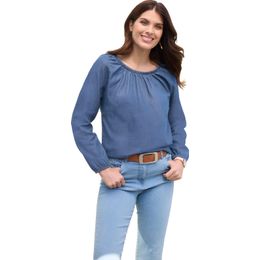 Damen Jeansbluse mit Gummizug am Ausschnitt blue-stone-washed, Gr&ouml;&szlig;e 42