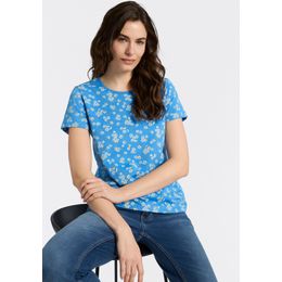Kurzarmshirt Ragwear "MINTTA FLOWER O", Damen, Gr. L, blau, Jersey, Obermaterial: 50% Baumwolle, 50% Polyester, bedruckt, normal, Rundhals, Shirts, mit sommerlichem Print