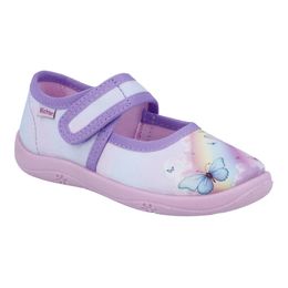 Hausschuh Richter "Mia", M&auml;dchen, Gr. 28, rosa, lila, multi mit schmetterlinge, Baumwolle, Schuhe Hausschuh, Kindergartenschuh, Klettschuh mit WMS, Gr&ouml;&szlig;eschablone zum Download