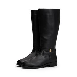 Tommy Hilfiger Damen Stiefel "TH BUCKLE RIDING LTHR LONG BOOT", Gr. 39, schwarz, Leder, Schuhe, Blockabsatz, Langschaftstiefel, Businessstiefel mit