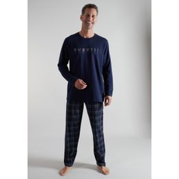 Pyjama Bugatti, Herren, Gr. 48, blau, dunkel, karo, Single Jersey, Obermaterial: 100% Baumwolle, bequem lang, Rundhals, gerader Abschluss, Homewear-Sets Pyjama, Langarm, Rundhalsausschnitt, mit Logo, kariert, Baumwolle