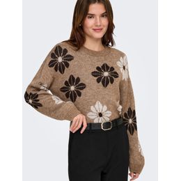 Only Damen Rundhalspullover "ONLFREESIA LS FLOWER O-NECK RP KNT"toasted coconut pattern:flowers, schwarz coffee, pumice stone, Gr. XS, gemustert,