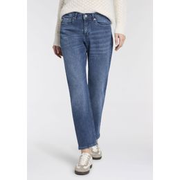 5-Pocket-Jeans MAC "STRAIGHT rabbit", Damen, Gr. 40, L&auml;nge 28, mid blau random, Denim/Jeans, Obermaterial: 99% Baumwolle, 1% Elasthan, straight fit lang, Jeans 5-Pocket-Jeans, Plakativer Druck auf der Ges&auml;&szlig;tasche