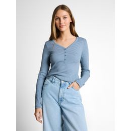 Henleyshirt Tom Tailor Denim, Damen, Gr. S, mid blau wei&szlig; stripe, Rippware, Obermaterial: 95% Baumwolle, 5% Elasthan, gestreift, regular fit normal, V-Ausschnitt, gerader Abschluss, Shirts, mit Streifen Muster