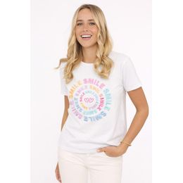 T-Shirt Zwillingsherz "Smile", Damen, Gr. M, wei&szlig;, Web, Obermaterial: 95% Baumwolle, 5% Elasthan, bestickt, kontrastfarbene Details, unifarben, bequem h&uuml;ftbedeckend, Rundhals, gerader Abschluss, Shirts T-Shirt, Farbenfrohe runde Stickerei, Rundhals, kurzarm