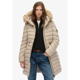 Superdry Damen Steppjacke "FUJI FAUX FUR HOOD MID LENGTH", beige, Gr. M, unifarben, Web, Obermaterial: 100% Polyester, Jacken, Slim Fit, mit
