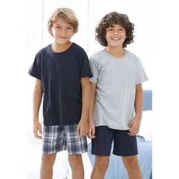 Pyjama Le Jogger, Jungen, Gr. 182, blau (marine, grau, meliert), Jersey, Obermaterial: 100% Baumwolle, kariert, unifarben, Basic, bequem kurz, Rundhals, abgesteppte Kante, Homewear-Sets Pyjama, Hose 1x uni und 1x kariert