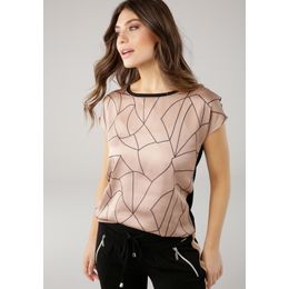 Laura Scott Damen Shirtbluse "im Materialmix mit Satin, verschiedene Muster f&uuml;r jeden Geschmack", braun, Gr. 48, gemustert, gestreift, Single Jersey,