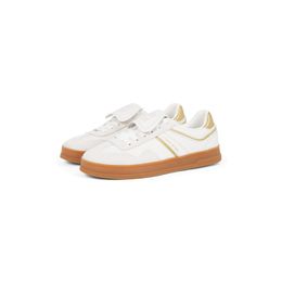 Tommy Jeans Damen Plateausneaker "THE GREENWICH FLAP", Gr. 38, gold, Lederimitat, Veloursleder, Schuhe, Freizeitschuh, Halbschuh, Schn&uuml;rer mit