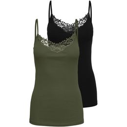 Spitzentop Only "ONLKIRA &ndash; Doppelpack mit Spitzendetail f&uuml;r feminine Looks", Damen, Gr. S (36), schwarz pack:kalamata,, Jersey, Obermaterial: 100% Baumwolle, unifarben, figurbetont normal, V-Ausschnitt, Tops Spitzentop, figurbetont, modisch, Jersey, Baumwolle, V-Ausschnitt