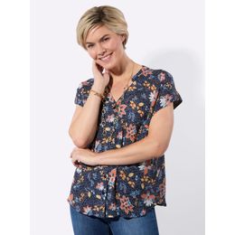 Druckbluse Classic Basics, Damen, Gr. 50, marine, gelb, bedruckt, 100% Viskose, gebl&uuml;mt, gemustert, mehrfarbig, V-Ausschnitt, Blusen Druckbluse