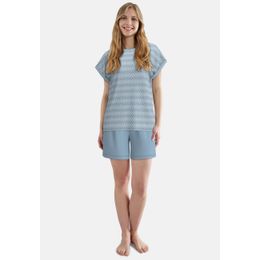 Shorty Tom Tailor, Damen, Gr. 36, blau, mittel, allover, Single Jersey, Obermaterial: 95% Baumwolle, 5% Elasthan, bequem extrakurz, Rundhals, gerader Abschluss, Homewear-Sets Shorty, Kurzarm, Rundhalsausschnitt, gestreift, Baumwollmix