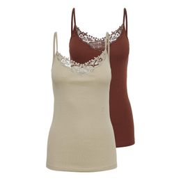 Only Damen Spitzentop "ONLKIRA &ndash; Doppelpack mit Spitzendetail f&uuml;r feminine Looks"henna pack:henna, humus, Gr. L, unifarben, Jersey, Obermaterial: