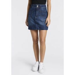 Minirock BOSS Orange "MINI SKIRT 1.0 Premium Damenmode", Damen, Gr. 28, dunkelblau 405, Web, Obermaterial: 53% Baumwolle, 34% Lyocell, 13% sonstige Fasern, unifarben, kurz, R&ouml;cke Minirock, im 70s Look, mit hohem Bund