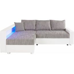 Ecksofa Collection AB "Relax L-Form", grau (wei&szlig;, grau), B:223cm H:84cm T:91cm, Zierkissen: 100%Polyester;Struktur (100% Polyester);Microfaser PRIMABELLE (100% Polyester);Kunstleder SOFTLUX / Struktur (80% Polyester, 20% Acryl);Microfaser PRIMABELLE (100% Polyester) / Struktur (80% Polyester, 20% Acryl), Sofas, Ecksofa, inklusive Bettfunktion, Federkern, wahlweise mit RGB-LED-Beleuchtung