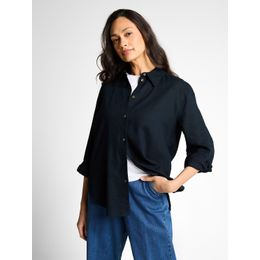 Hemdbluse Tom Tailor, Damen, Gr. 44, schwarz (sky captain blau), Web, Obermaterial: 55% Lyocell, 45% Viskose, unifarben, oversize normal, Aufschlag, Blusen Hemdbluse, mit Turn-Up &Auml;rmeln
