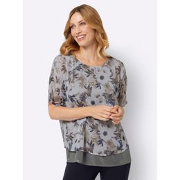Classic Basics Damen Schlupfbluse, blau, Gr. 44, bedruckt, gebl&uuml;mt, gemustert, mehrfarbig, 100% Polyester, Blusen