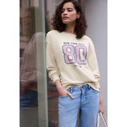Sweatshirt STREET ONE STUDIO, Damen, Gr. 42, stone sand meliert, Sweatware, 60% Baumwolle, 40% Polyester, bedruckt, normal, Rundhals, Rippb&uuml;ndchen, Sweatshirts Sweatshirt, Rundhalsausschnitt