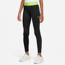 Leggings Nike "G NP LEGGING", M&auml;dchen, Gr. L (152/158), N-Gr, schwarz, volt, wei&szlig;, Obermaterial: 83% Polyester, 17% Elasthan, Hosen Leggings, mit Mesh-Eins&auml;tzen, mit Dri-FIT-Technologie, elastisch