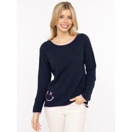 Rundhalspullover Zwillingsherz "Happy Face", Damen, Gr. XL, marine, Strick, Obermaterial: 40% Wolle, 30% Viskose, 25% Polyamid, 5% Kaschmir, mehrfarbig, h&uuml;ftbedeckend, Rundhals, Rollkante, Pullover Rundhalspullover, Stickerei, aufgerollte kontrastfarbige B&uuml;ndchen