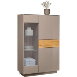 Novel Highboard Triest, Eiche, Taupe, Holz, Glas, Holzwerkstoff, Eiche, massiv, 4 F&auml;cher, 1 Schublade(n) Schubladen, 101x150x42 cm, DIN EN ISO 9001, individuell planbar, Beim&ouml;bel erh&auml;ltlich, stehend, Abdeckplatte aus Glas, spiegelbildliche Montage m&ouml;glich, Holzm&ouml;bel, Kleinm&ouml;bel Holz, Holzkommoden, Highboards Holz