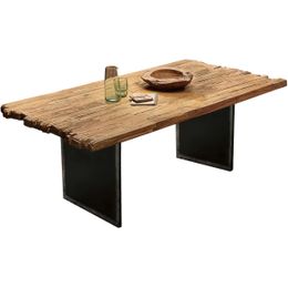 Esstisch Sit, beige (natur, schwarz, schwarz, natur), B:160cm H:77cm T:90cm, recyceltes Teak, Metall, Tische, Esstisch, mit Bruchkante an den kurzen Seiten