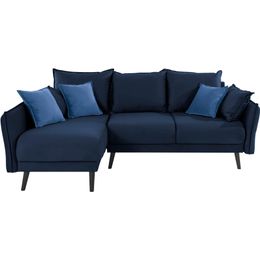 Ecksofa Home Affaire "Asra L-Form", blau (marineblau, blau), B:240cm H:95cm T:170cm, 100% Polyester, Sofas, Ecksofa, incl. Bettfunktion und Bettkasten, Seitentasche im Armteil, Federkern