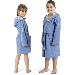 Kinderbademantel Kangaroos "Dalia, Ideal f&uuml;r Zuhause, Schwimmbad oder im Urlaub" Gr. 128, blau, L:84cm, Veloursfrottier, Hausm&auml;ntel, Kinderbademantel, Uni-Farben mit Streifen