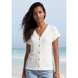 Kurzarmshirt Lascana "mit Zierknopfleiste", Damen, Gr. 48/50, beige (creme), Piqu&eacute;, Obermaterial: 69% Polyester (REPREVE), 28% Viskose, 3% Elasthan, unifarben, bequem normal, V-Ausschnitt, Shirts Kurzarmshirt, aus weicher Piqu&eacute;-Qualit&auml;t, Topseller