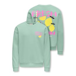 KIDS Only M&auml;dchen Sweatshirt "KOGCANASTA LS LOOSE PRINTED UB SWT"aqua foam print:lemon, Gr. 146, Sweatshirts, mit kleinem Brustdruck