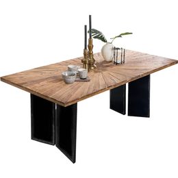 Esstisch Sit, beige (natur, schwarz, schwarz, natur), B:180cm H:77cm T:100cm, recyceltes Teak, Metall, Tische, Esstisch, mit extravagantem Sonnendesign