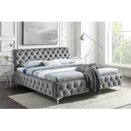 Riess Ambiente Design Bett MODERN BAROCK 160x200cm grau Samt Chesterfield Doppelbett Riess-Ambiente