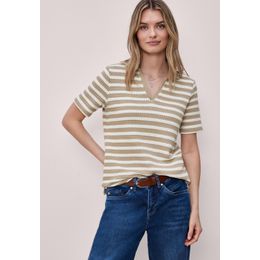 Poloshirt Street One, Damen, Gr. 34, safari beige, Web, 65% Baumwolle, 35% Polyester, gestreift, normal normal, hoch geschlossener Ausschnitt, abgesteppt, Shirts, mit Strick-Struktur