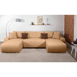 Wohnlandschaft Collection AB "Paola U-Form, Breite 314 cm", hellbraun, B:314cm H:41cm T:169cm, 100%Polyester, Sofas, Wohnlandschaft, Wohnlandschaft,2 Ottomane,Bonnelfederkern,R&uuml;ckenkissen