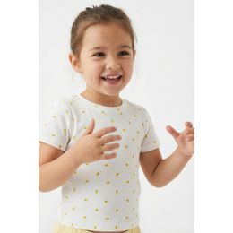 T-Shirt KIDS Only "KOGBELLA LIFE SHORT AOP S/S TOP JRS NOOS", M&auml;dchen, Gr. 134/140, cloud dancer aop:lemons, Feinripp, Obermaterial: 95% Baumwolle, 5% Elasthan, Minimalmuster, bedruckt, figurbetont taillenbedeckt, Rundhals, Shirts T-Shirt