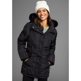 Winterjacke Laura Scott, Damen, Gr. 34, schwarz, Web, Obermaterial: 100% Polyester. Besatz: 80% Polyacryl, 20% Polyester. Futter: 100% Polyester. Futter R&uuml;ckenteil: 100% Polyester. Kapuzenfutter: 100% Polyester. Wattierung: 100% Polyester, unifarben, figurumspielend, ohne Ausschnitt, Rippstrickb&uuml;ndchen, Jacken Winterjacke, mit abnehmbarer Kapuze und Fellimitat