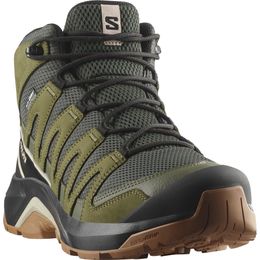 Wanderschuh Salomon "X-ADVENTURE RECON MID GORE-TEX", Herren, Gr. 44,5, gr&uuml;n (peat, martini olive, oxford tan), Leder, Textil, Schuhe Wanderschuh, wasserdicht dank Gore-Tex Membrane