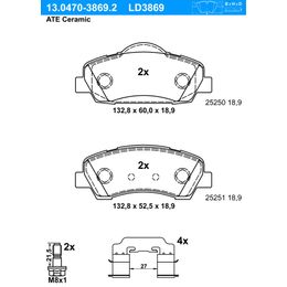 ATE Bremsbelagsatz, Scheibenbremse Ceramic 13.0470-3869.2 vorne rechts links mit Zubeh&ouml;r f&uuml;r PEUGEOT 1610699280