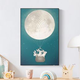Akustik-Wechselbild Illustration Hasen Mond-Hei&szlig;luftballon Sternenhimmel